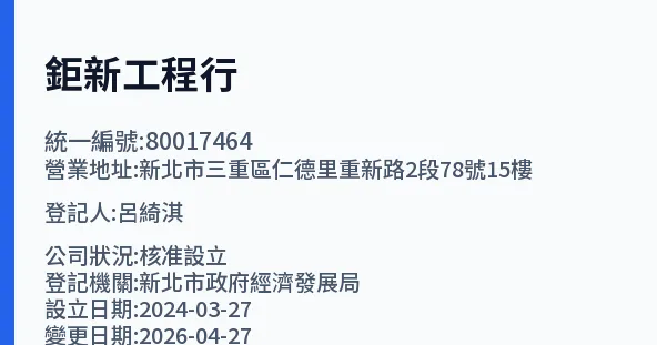 鉅新工程行的照片-統編 80017464(新北市) 公司登記資料與營業項目詳細圖表