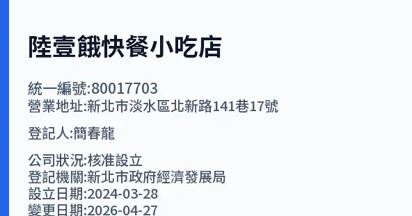 陸壹餓快餐小吃店的照片-統編 80017703(新北市) 公司登記資料與營業項目詳細圖表