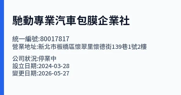 馳動專業汽車包膜企業社的照片-統編 80017817(新北市) 公司登記資料與營業項目詳細圖表