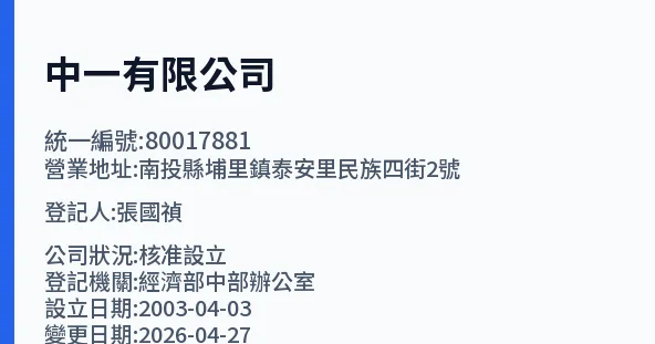 中一有限公司的照片-統編 80017881(南投縣) 公司登記資料與營業項目詳細圖表