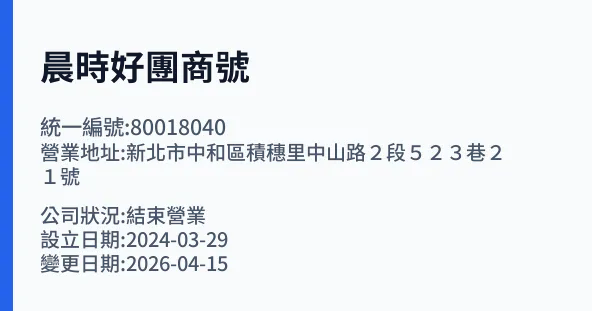 晨時好團商號的照片-統編 80018040(新北市) 公司登記資料與營業項目詳細圖表