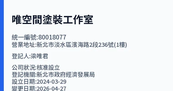 唯空間塗裝工作室的照片-統編 80018077(新北市) 公司登記資料與營業項目詳細圖表