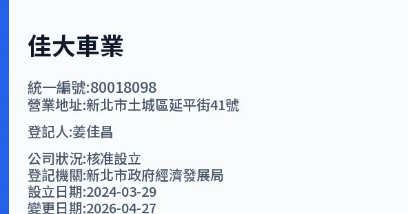 佳大車業的照片-統編 80018098(新北市) 公司登記資料與營業項目詳細圖表