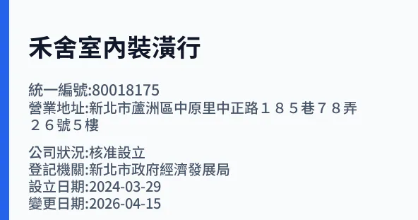 禾舍室內裝潢行的照片-統編 80018175(新北市) 公司登記資料與營業項目詳細圖表