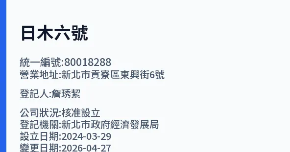 日木六號的照片-統編 80018288(新北市) 公司登記資料與營業項目詳細圖表