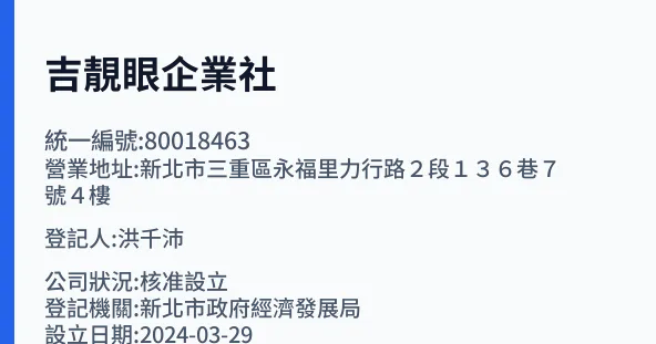 吉靚眼企業社的照片-統編 80018463(新北市) 公司登記資料與營業項目詳細圖表