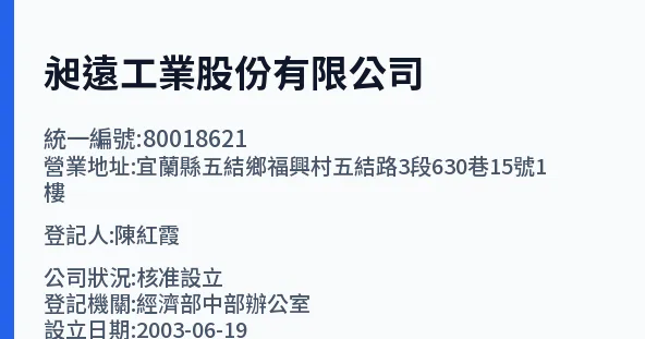 昶遠工業股份有限公司的照片-統編 80018621(宜蘭縣) 公司登記資料與營業項目詳細圖表