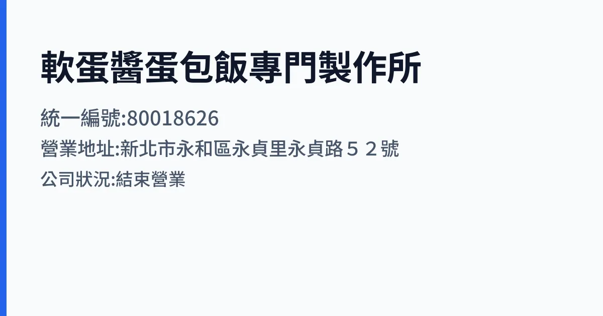 軟蛋醬蛋包飯專門製作所 - 統編 80018626(新北市) 公司登記資料與營業項目詳細圖表