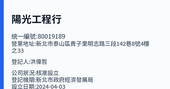 陽光工程行的照片-統編 80019189(新北市) 公司登記資料與營業項目詳細圖表