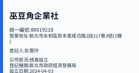 巫豆角企業社的照片-統編 80019218(新北市) 公司登記資料與營業項目詳細圖表