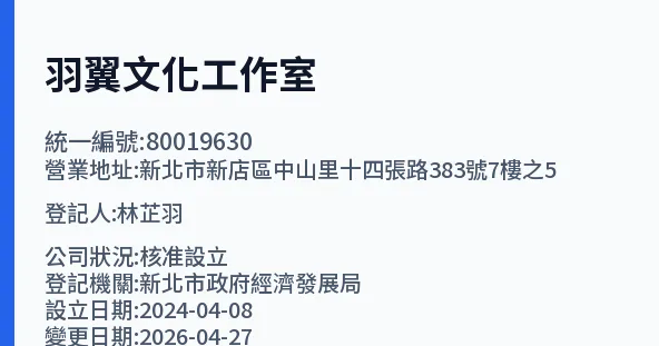 羽翼文化工作室的照片-統編 80019630(新北市) 公司登記資料與營業項目詳細圖表