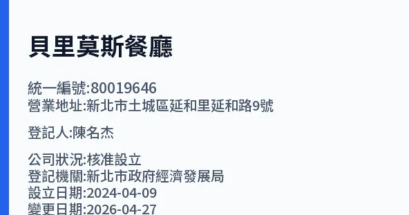 貝里莫斯餐廳的照片-統編 80019646(新北市) 公司登記資料與營業項目詳細圖表