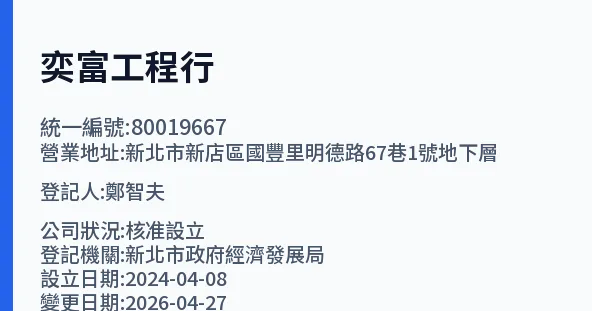奕富工程行的照片-統編 80019667(新北市) 公司登記資料與營業項目詳細圖表