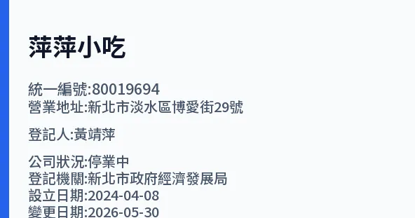萍萍小吃的照片-統編 80019694(新北市) 公司登記資料與營業項目詳細圖表