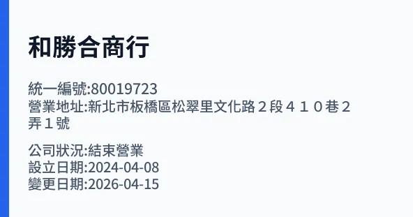 和勝合商行的照片-統編 80019723(新北市) 公司登記資料與營業項目詳細圖表