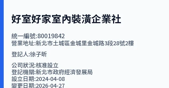 好室好家室內裝潢企業社的照片-統編 80019842(新北市) 公司登記資料與營業項目詳細圖表