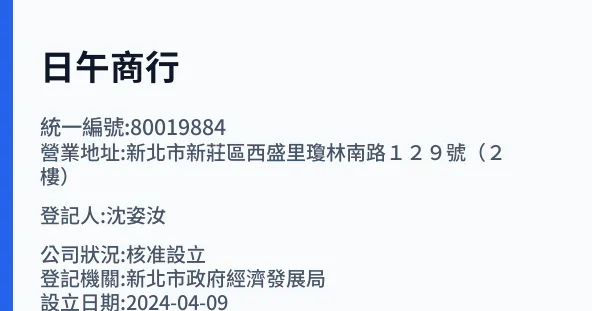 日午商行的照片-統編 80019884(新北市) 公司登記資料與營業項目詳細圖表