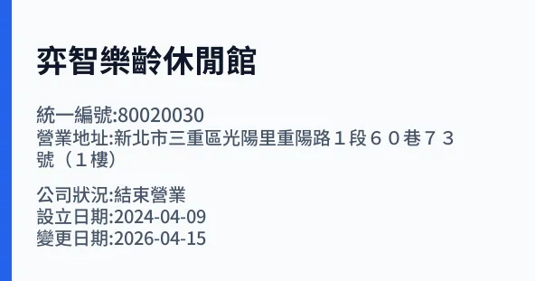 弈智樂齡休閒館的照片-統編 80020030(新北市) 公司登記資料與營業項目詳細圖表