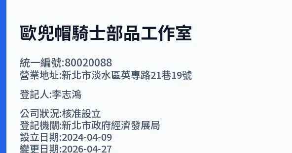 歐兜帽騎士部品工作室的照片-統編 80020088(新北市) 公司登記資料與營業項目詳細圖表