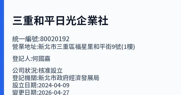 三重和平日光企業社的照片-統編 80020192(新北市) 公司登記資料與營業項目詳細圖表