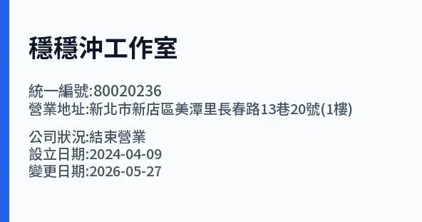 穩穩沖工作室的照片-統編 80020236(新北市) 公司登記資料與營業項目詳細圖表