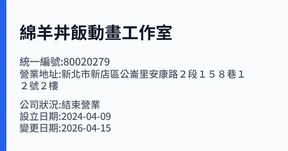 綿羊丼飯動畫工作室的照片-統編 80020279(新北市) 公司登記資料與營業項目詳細圖表