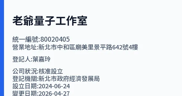老爺量子工作室的照片-統編 80020405(新北市) 公司登記資料與營業項目詳細圖表