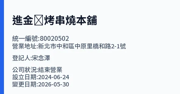 進金饏烤串燒本舖的照片-統編 80020502(新北市) 公司登記資料與營業項目詳細圖表