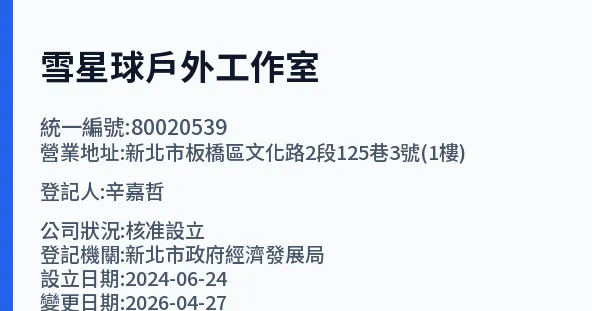 雪星球戶外工作室的照片-統編 80020539(新北市) 公司登記資料與營業項目詳細圖表