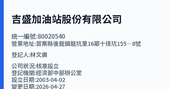吉盛加油站股份有限公司的照片-統編 80020540(苗栗縣) 公司登記資料與營業項目詳細圖表
