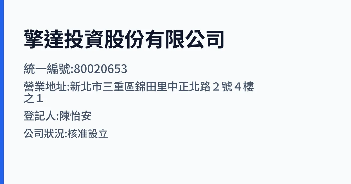 擎達投資股份有限公司 - 統編 80020653(新北市) 公司登記資料與營業項目詳細圖表