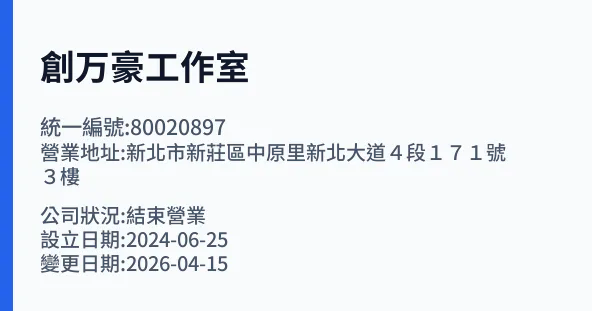 創万豪工作室的照片-統編 80020897(新北市) 公司登記資料與營業項目詳細圖表