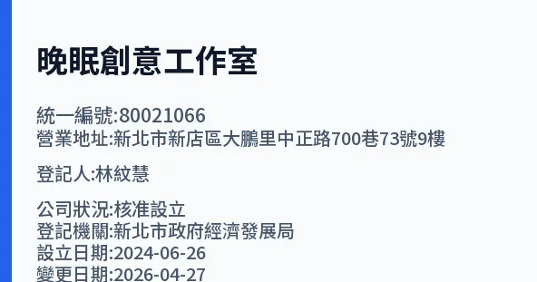 晚眠創意工作室的照片-統編 80021066(新北市) 公司登記資料與營業項目詳細圖表