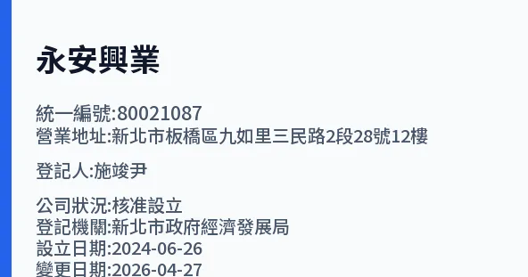 永安興業的照片-統編 80021087(新北市) 公司登記資料與營業項目詳細圖表