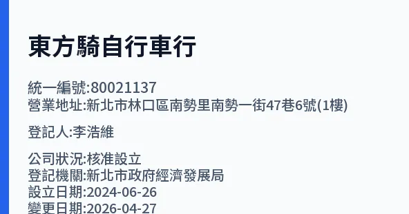 東方騎自行車行的照片-統編 80021137(新北市) 公司登記資料與營業項目詳細圖表