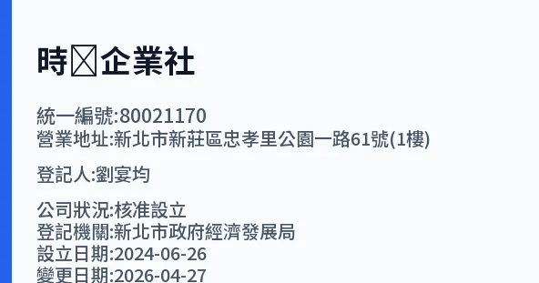 時篒企業社的照片-統編 80021170(新北市) 公司登記資料與營業項目詳細圖表