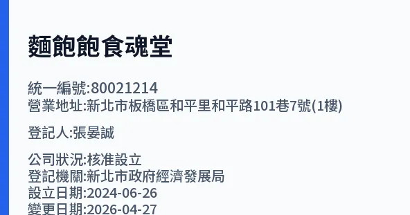 麵飽飽食魂堂的照片-統編 80021214(新北市) 公司登記資料與營業項目詳細圖表