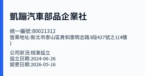 凱蹦汽車部品企業社的照片-統編 80021312(新北市) 公司登記資料與營業項目詳細圖表