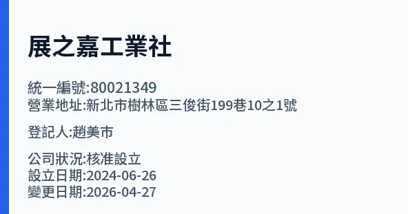 展之嘉工業社的照片-統編 80021349(新北市) 公司登記資料與營業項目詳細圖表
