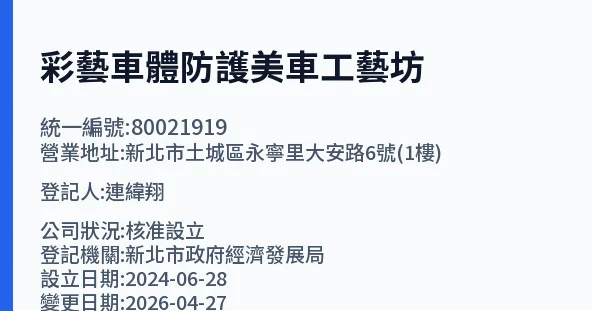 彩藝車體防護美車工藝坊的照片-統編 80021919(新北市) 公司登記資料與營業項目詳細圖表