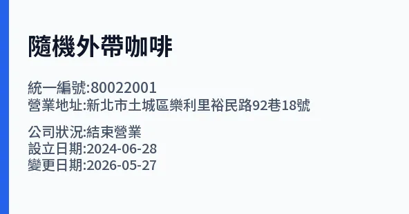 隨機外帶咖啡的照片-統編 80022001(新北市) 公司登記資料與營業項目詳細圖表