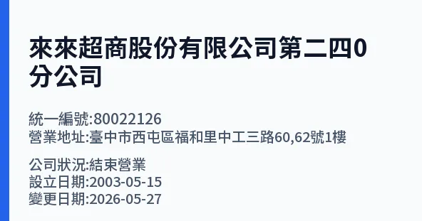 來來超商股份有限公司第二四0分公司的照片-統編 80022126(臺中市) 公司登記資料與營業項目詳細圖表