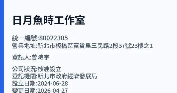 日月魚時工作室的照片-統編 80022305(新北市) 公司登記資料與營業項目詳細圖表