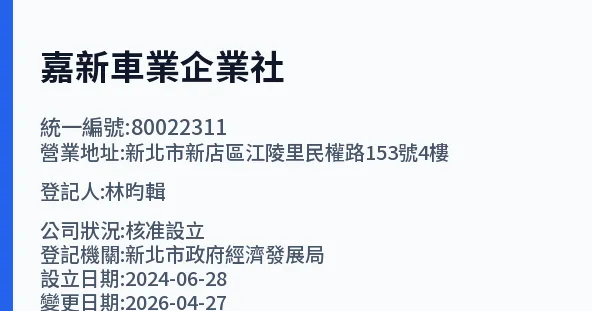 嘉新車業企業社的照片-統編 80022311(新北市) 公司登記資料與營業項目詳細圖表