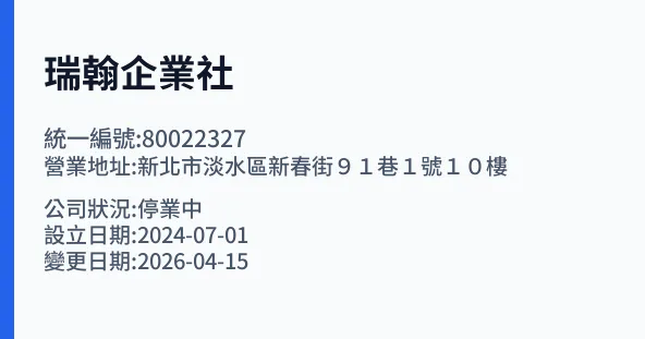 瑞翰企業社的照片-統編 80022327(新北市) 公司登記資料與營業項目詳細圖表
