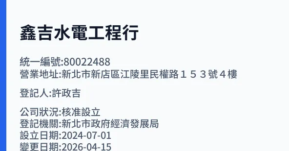 鑫吉水電工程行的照片-統編 80022488(新北市) 公司登記資料與營業項目詳細圖表