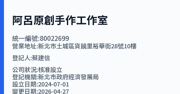 阿呂原創手作工作室的照片-統編 80022699(新北市) 公司登記資料與營業項目詳細圖表