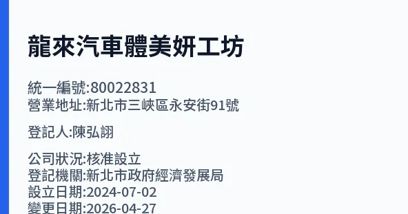 龍來汽車體美妍工坊的照片-統編 80022831(新北市) 公司登記資料與營業項目詳細圖表