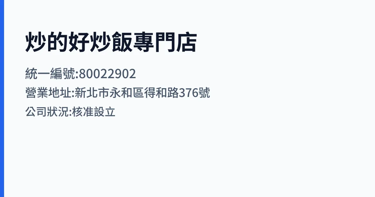 炒的好炒飯專門店 - 統編 80022902(新北市) 公司登記資料與營業項目詳細圖表
