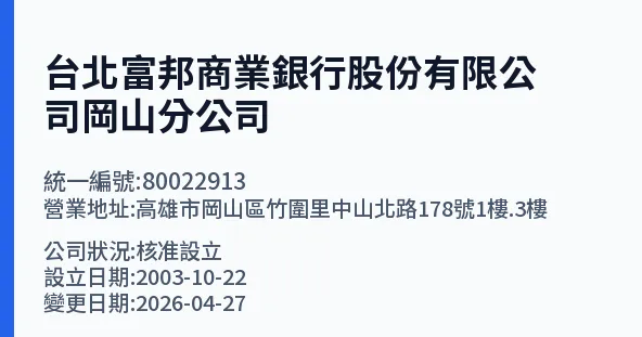 台北富邦商業銀行股份有限公司岡山分公司的照片-統編 80022913(高雄市) 公司登記資料與營業項目詳細圖表